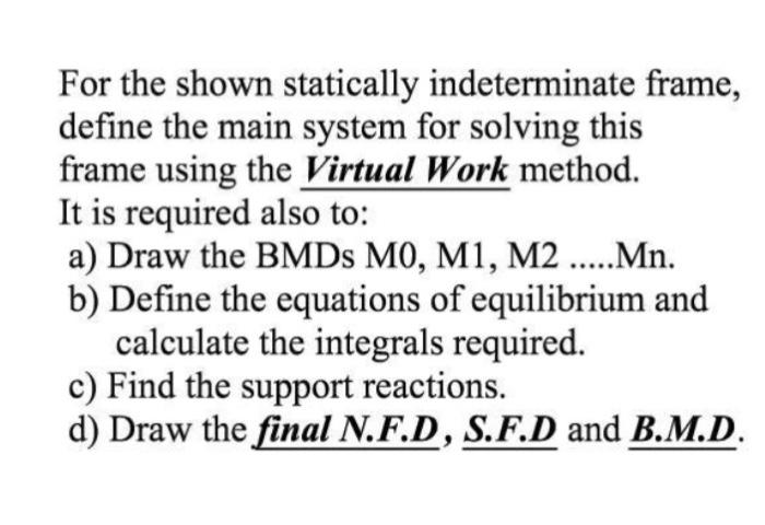 Solved For the shown statically indeterminate frame, define | Chegg.com