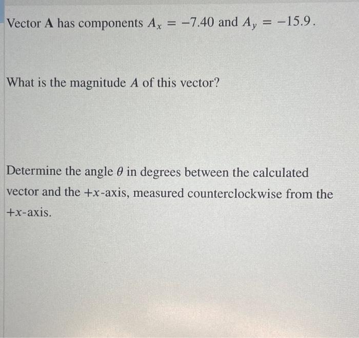 Solved Vector A has components Ax = -7.40 and Ay = -15.9. | Chegg.com
