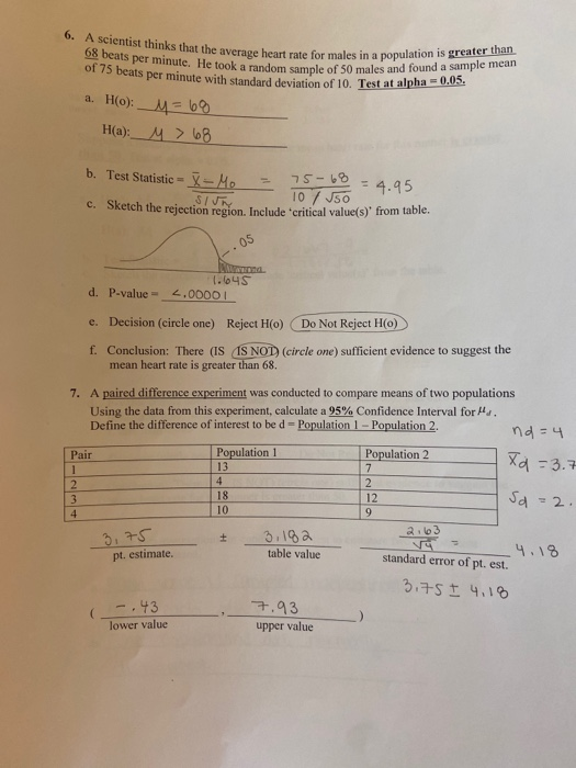 Solved 6. A scientist thinks that the average heart rate 68 | Chegg.com