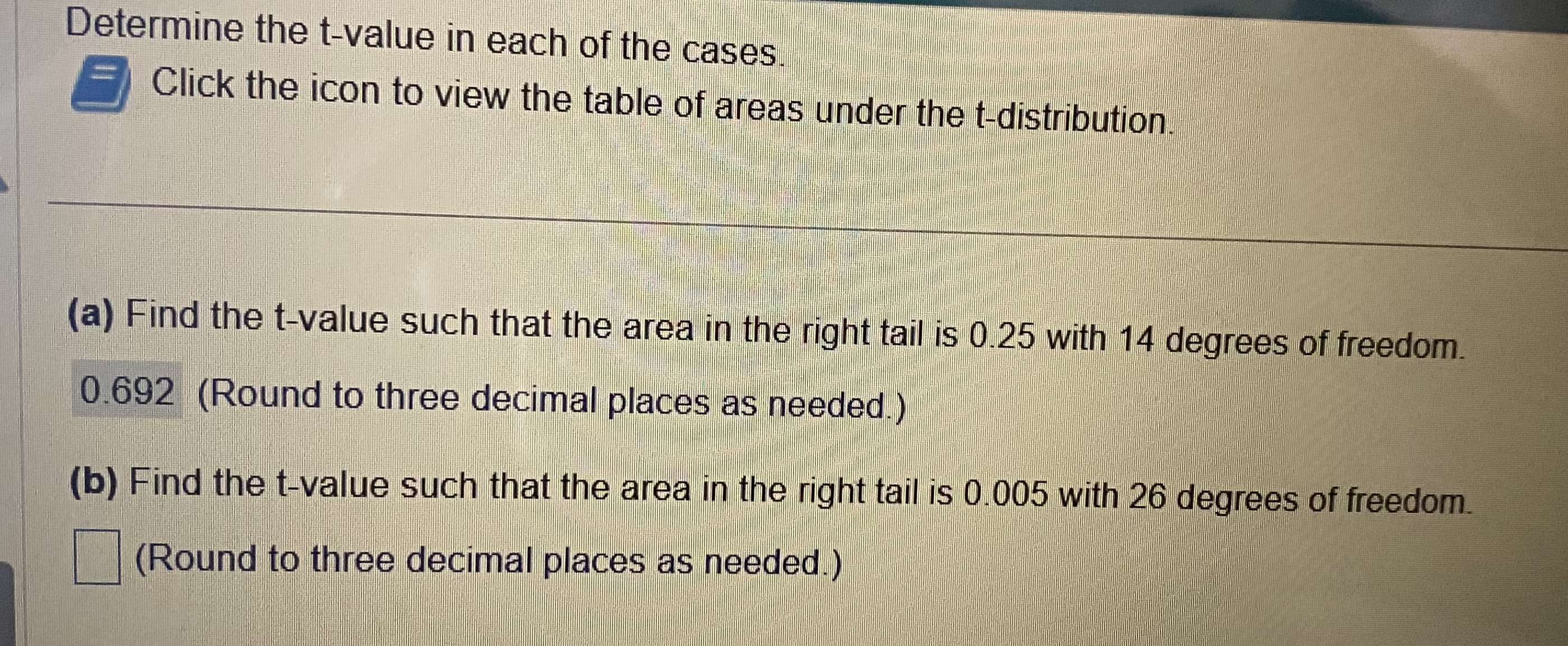 Solved Determine the t-value in each of the cases.Click the | Chegg.com