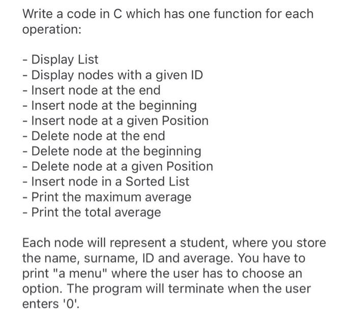 Solved Write a code in C which has one function for each | Chegg.com