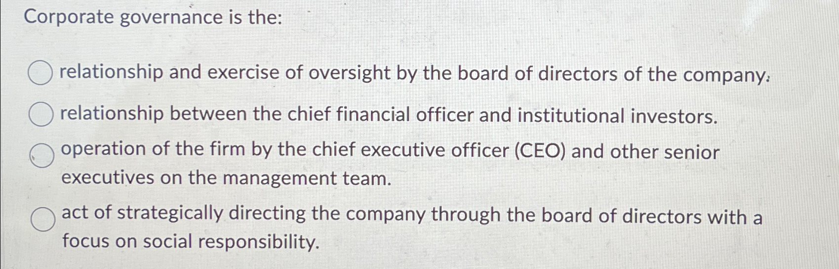 Solved Corporate governance is the:relationship and exercise | Chegg.com