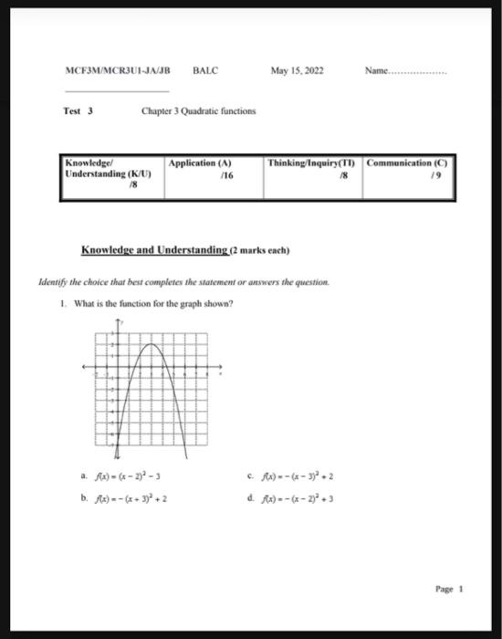 Solved MCF3M/MCR3U1-JA/JB BALC Test 3 Chapter 3 Quadratic | Chegg.com