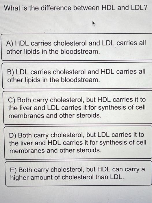 Solved What is the difference between HDL and LDL? A) HDL | Chegg.com