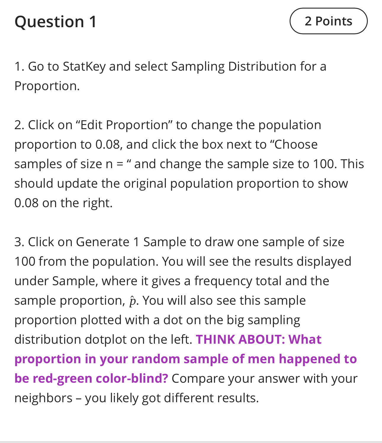 Solved Question 1Go to StatKey and select Sampling | Chegg.com