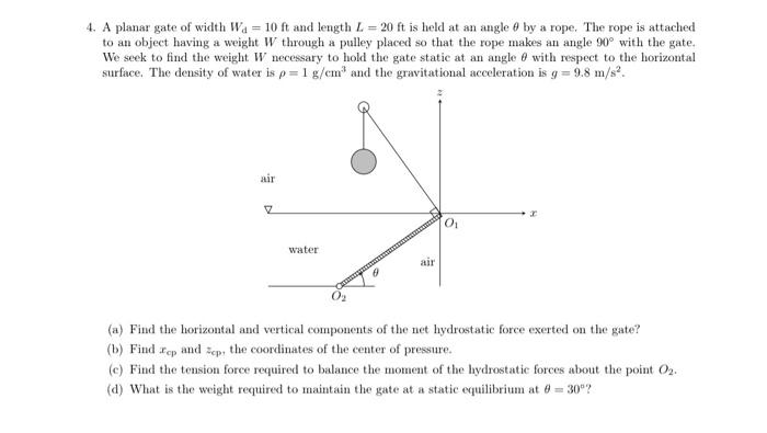 Solved 4. A planar gate of width Wd=10ft and length L=20ft | Chegg.com