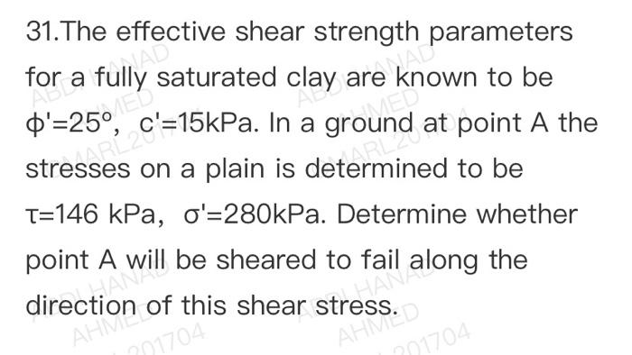 Solved WA O 31. The effective shear strength parameters for | Chegg.com
