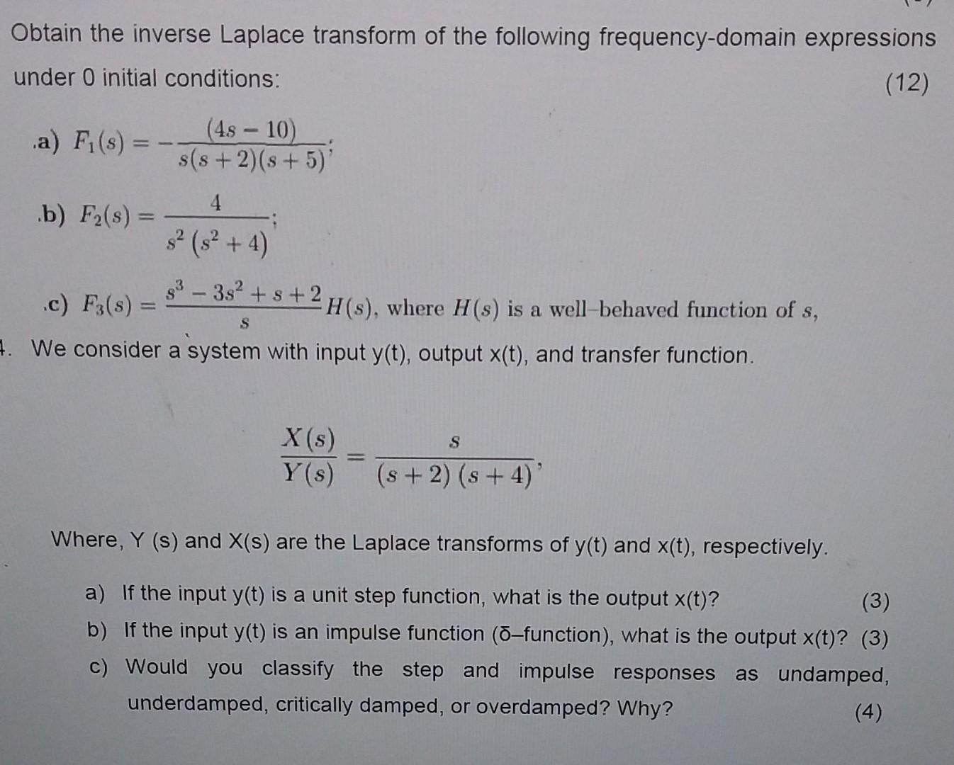 Solved Obtain the inverse Laplace transform of the following | Chegg.com