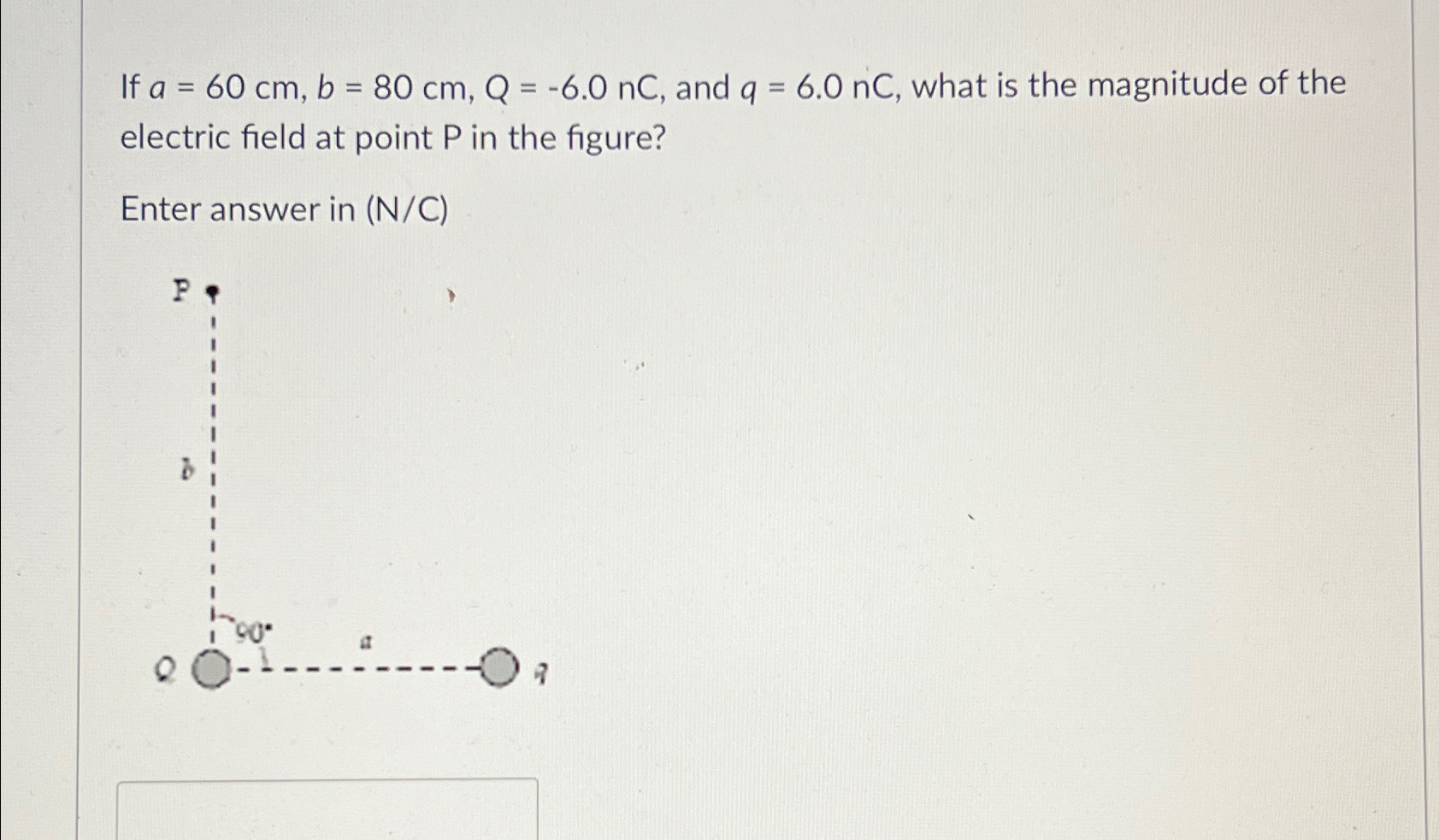 Solved If a=60cm,b=80cm,Q=-6.0nC, ﻿and q=6.0nC, ﻿what is the | Chegg.com