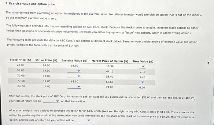Solved 2. Exercise value and option price The value derived | Chegg.com