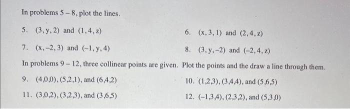 Solved In problems 5−8, plot the lines. 5. (3,y,2) and | Chegg.com