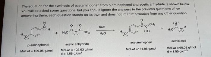 Solved The equation for the synthesis of acetaminophen from | Chegg.com