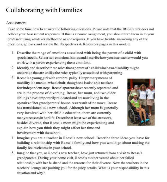 Solved Collaborating with Families Assessment Take some time | Chegg.com