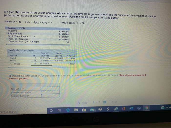 Solved We give JMP output of regression analysis. Above | Chegg.com
