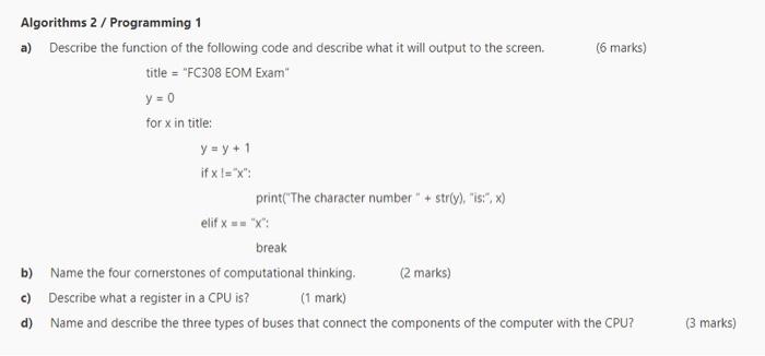 Solved Algorithms 2 / Programming 1 a) Describe the function | Chegg.com