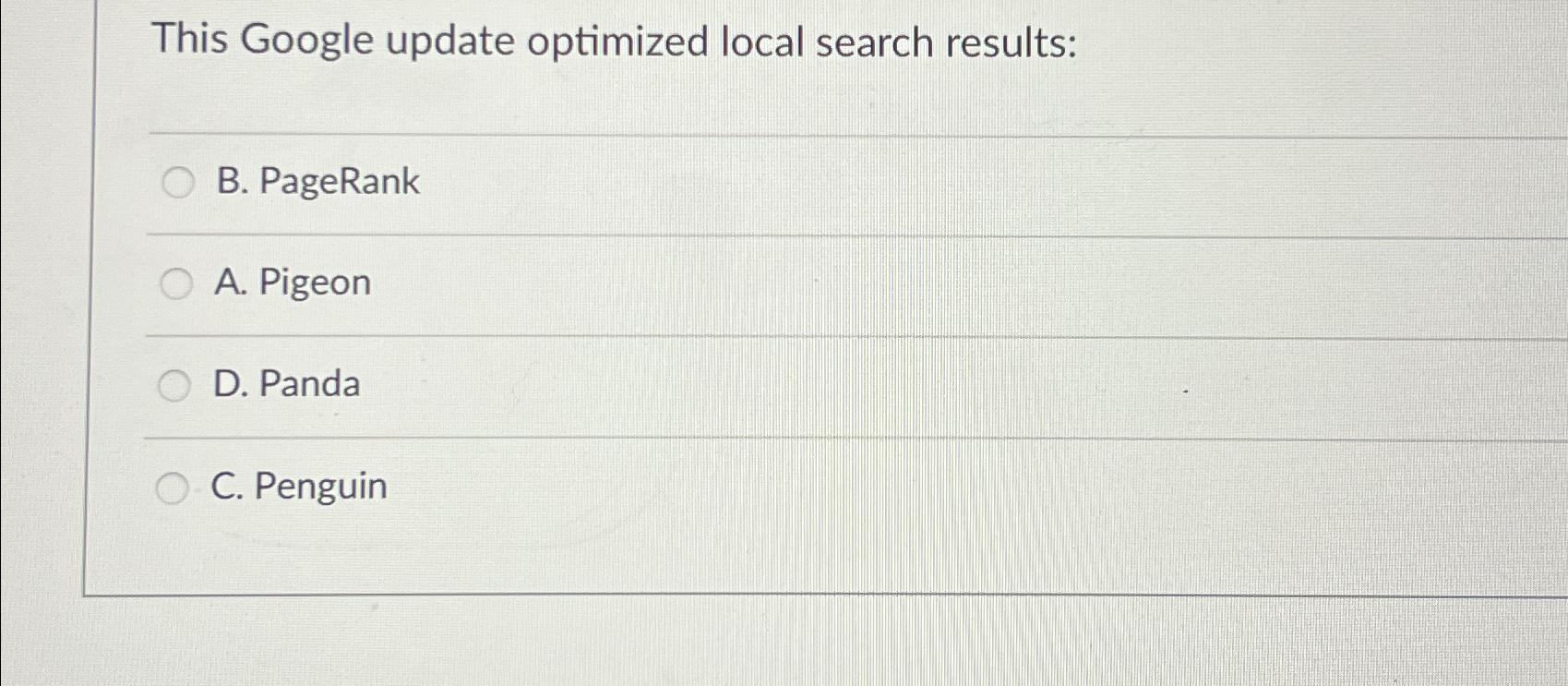 Solved This Google update optimized local search results:B. | Chegg.com