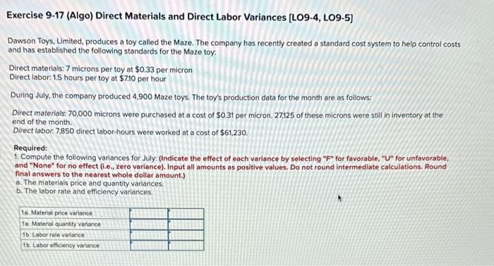 Solved Exercise 9-17 (Algo) Direct Materials and Direct | Chegg.com
