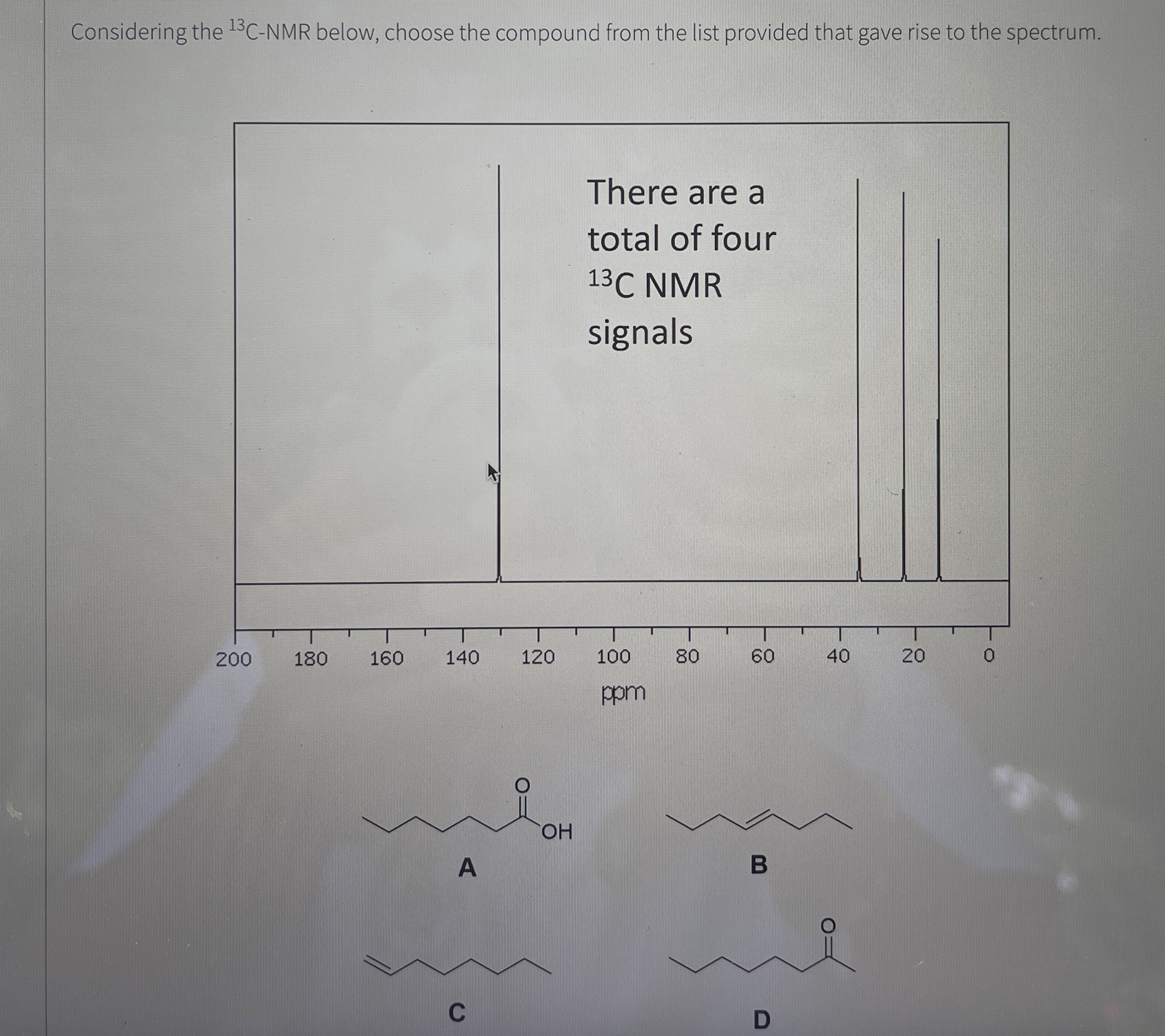 Solved Considering the ?13C-NMR ﻿below, choose the compound | Chegg.com