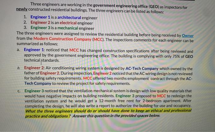 Solved Three engineers are working in the government | Chegg.com