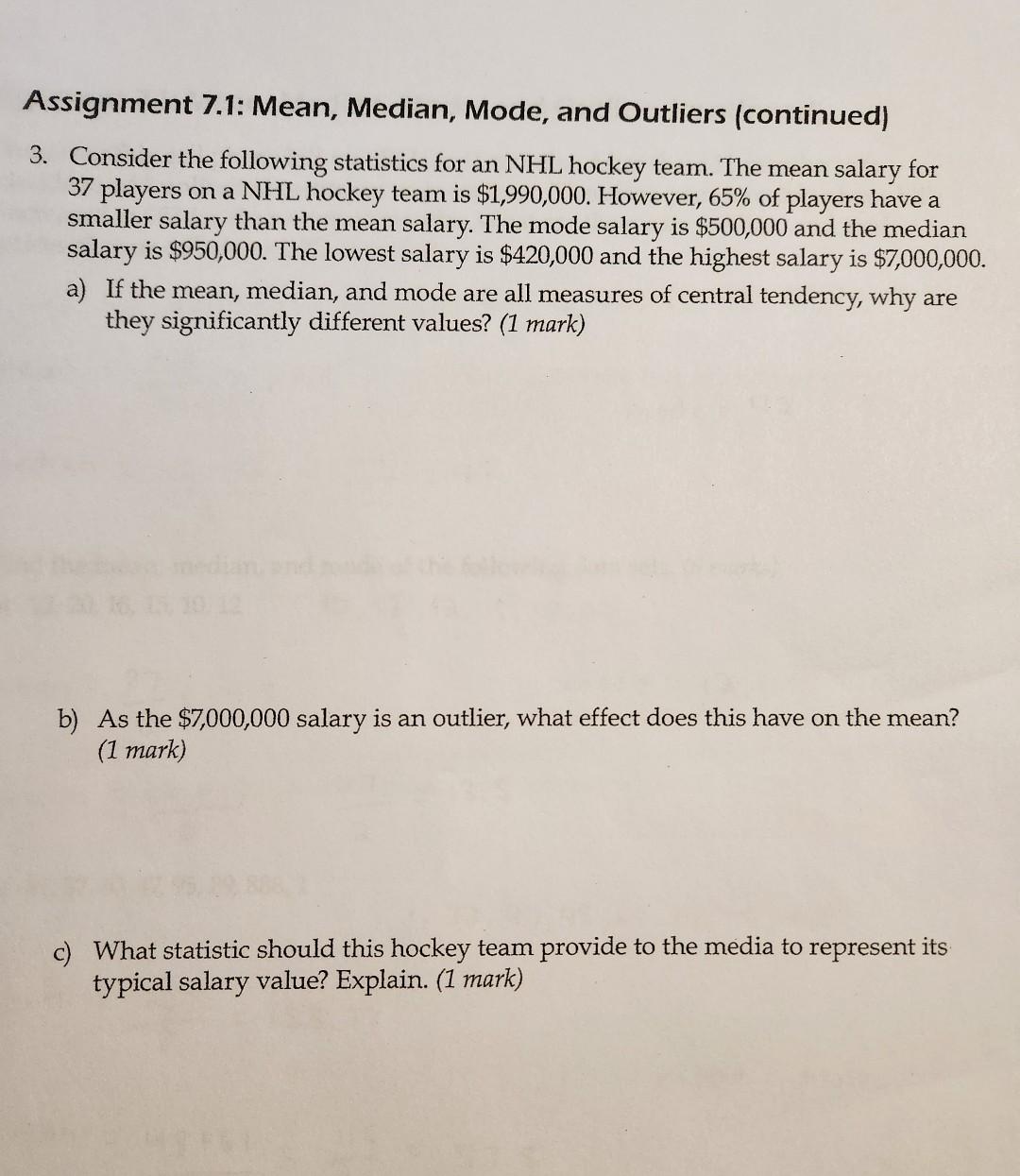 Assignment 7.1: Mean, Median, Mode, and Outliers | Chegg.com