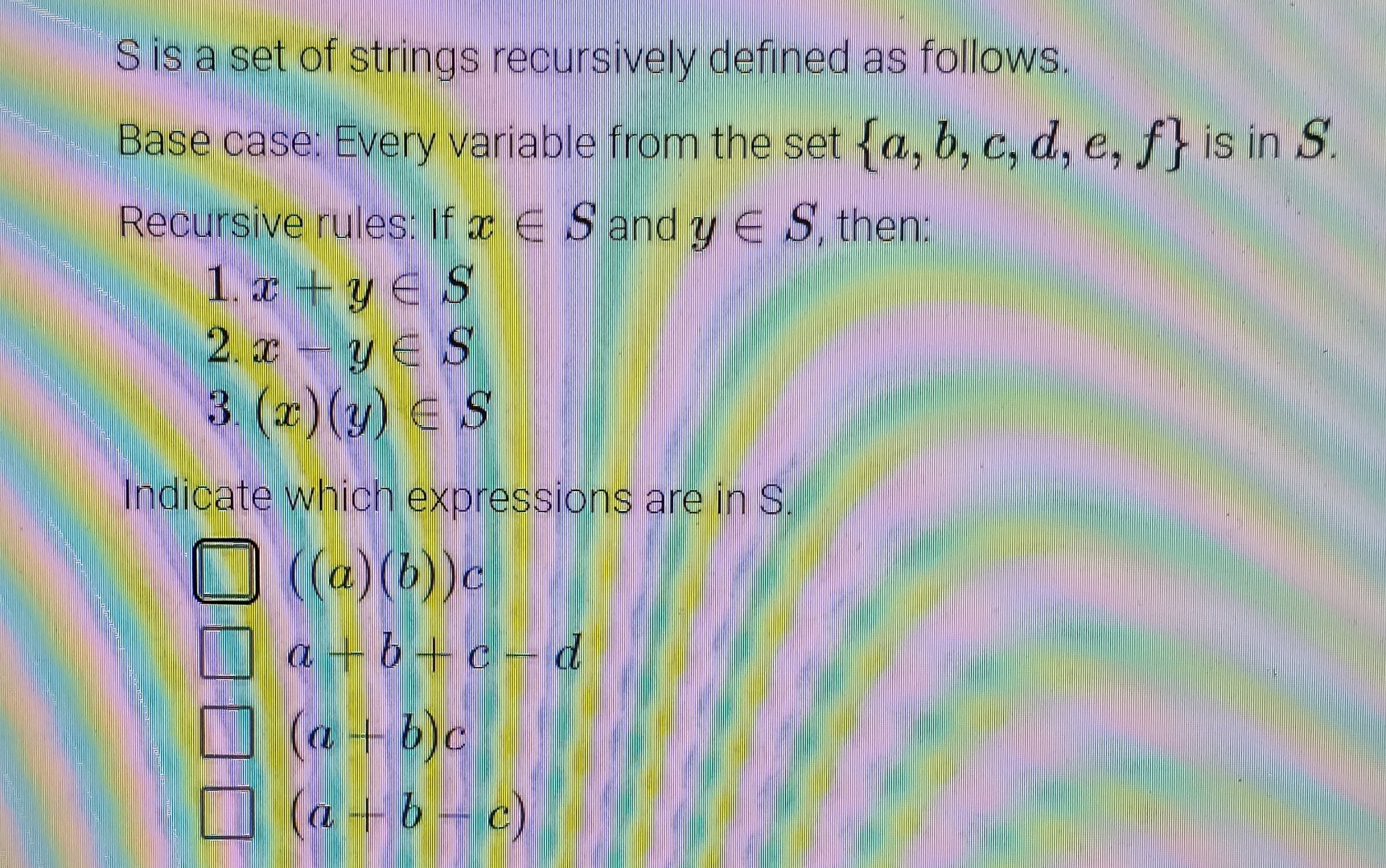 Solved S is a set of strings recursively defined as | Chegg.com