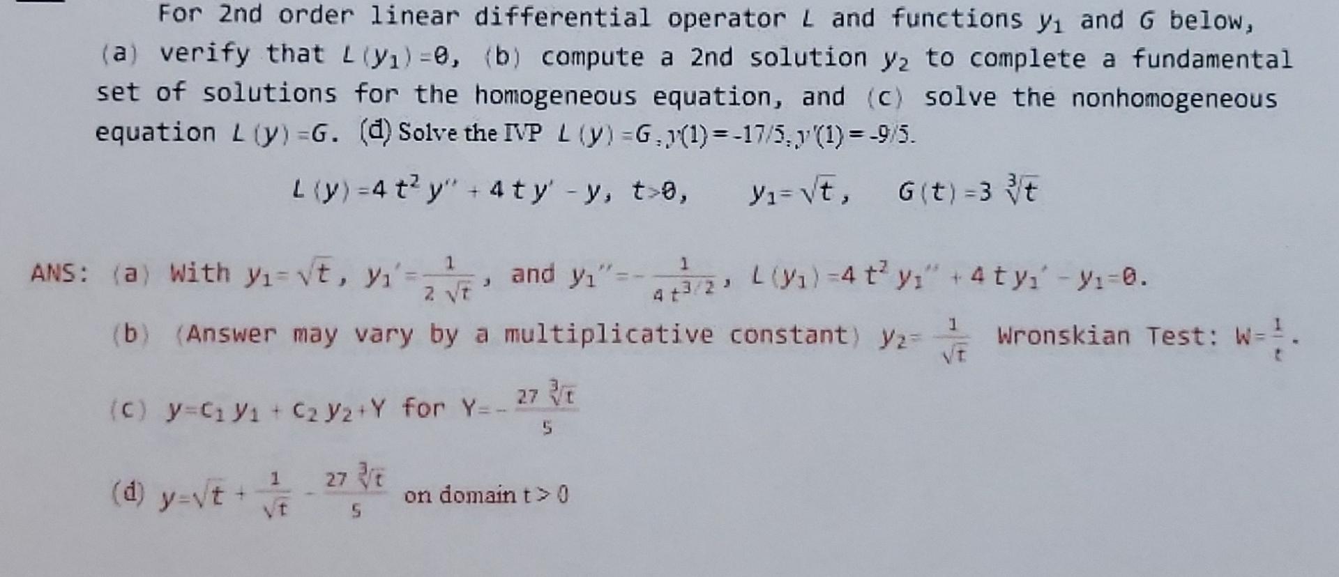 Solved For 2nd order linear differential operator L and | Chegg.com