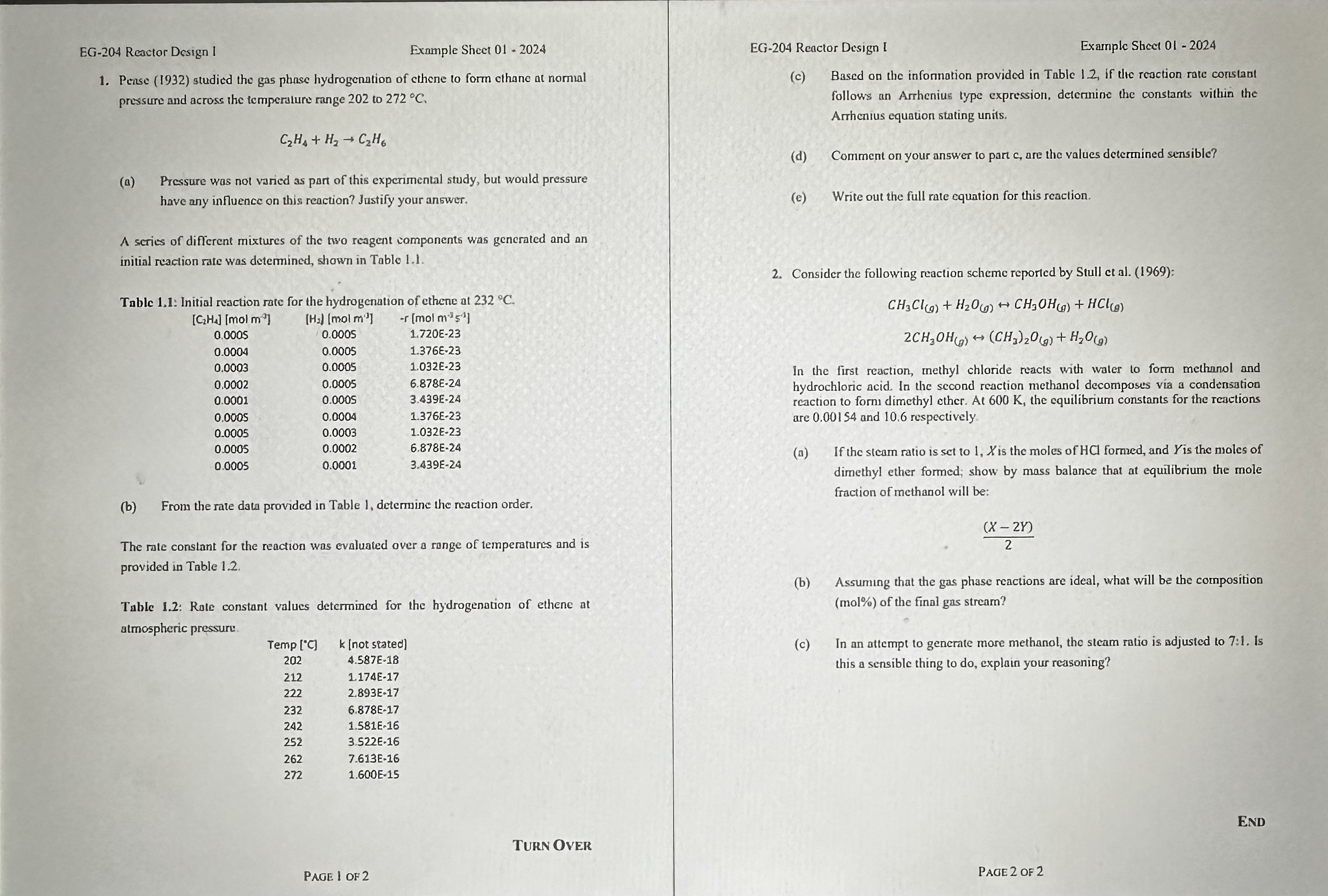 Solved EG-204 ﻿Reactor Design IExample Sheet 01-2024Pense | Chegg.com