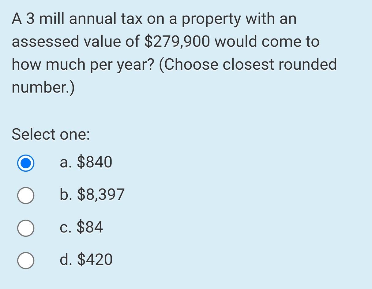 Solved A 3 mill annual tax on a property with an assessed | Chegg.com