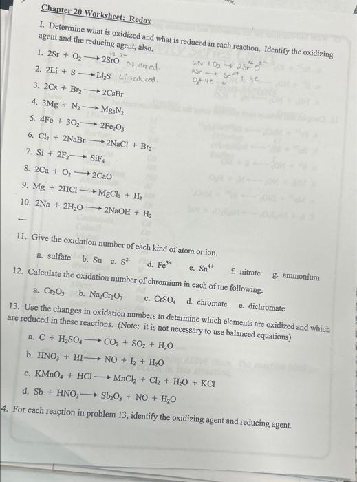 Solved 20 Worksheet: Redox I. Determine what is oxidized and | Chegg.com