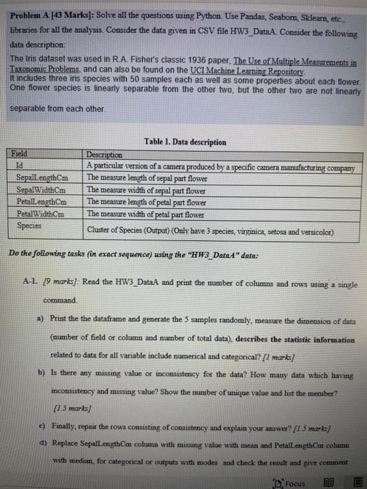 Solved Problem A [43 Marks]: Solve all the questions using | Chegg.com