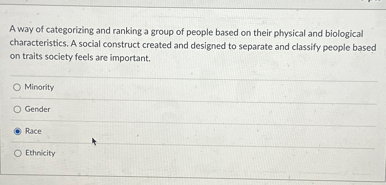 Solved A way of categorizing and ranking a group of people | Chegg.com