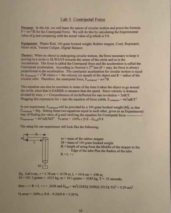 Solved Lab 5: Centripetal Force Purpese. In this lab, we | Chegg.com