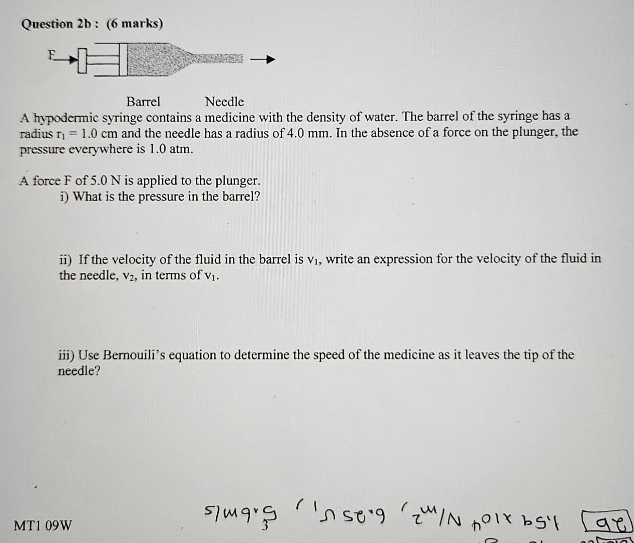 Solved Question 2b : (6 marks) Barrel Needle A hypodermic | Chegg.com