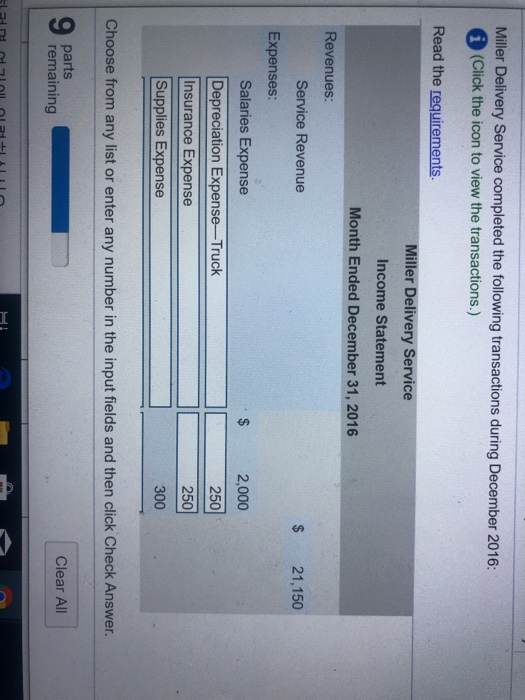 Solved Miller Delivery Service completed the following | Chegg.com