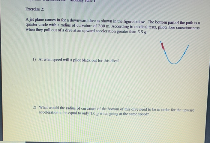 Solved Exercise 2: A jet plane comes in for a downward dive | Chegg.com