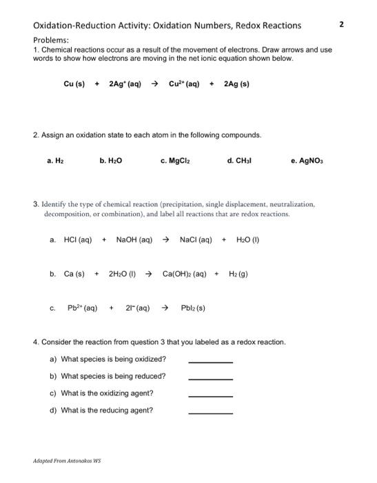 Solved Oxidation-Reduction Activity: Oxidation Numbers, | Chegg.com