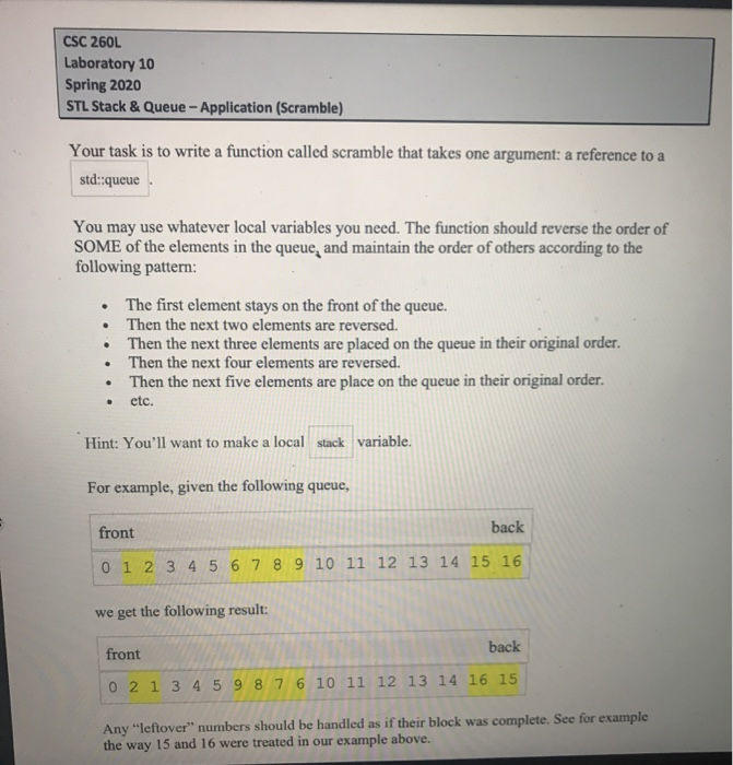 Solved CSC 260L Laboratory 10 Spring 2020 STL Stack & Queue | Chegg.com