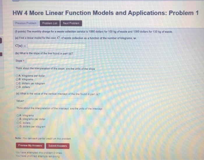 Solved HW 4 More Linear Function Models and Applications: | Chegg.com