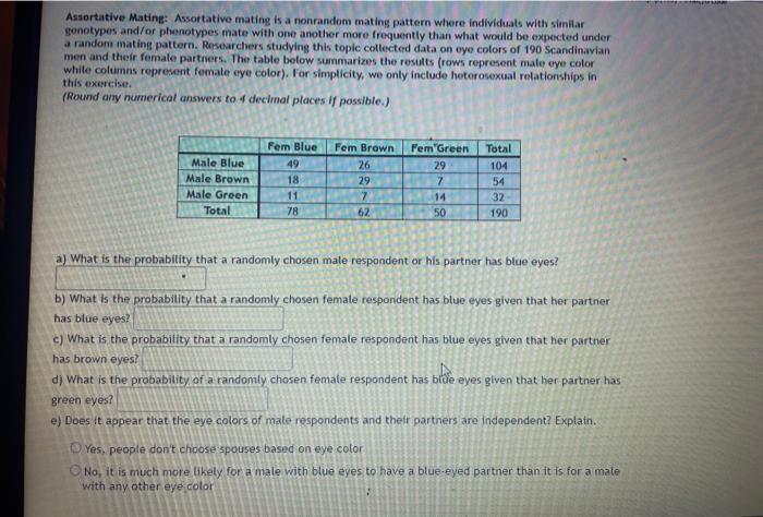 Solved Assortative Mating: Assortative mating is a nonrandom | Chegg.com