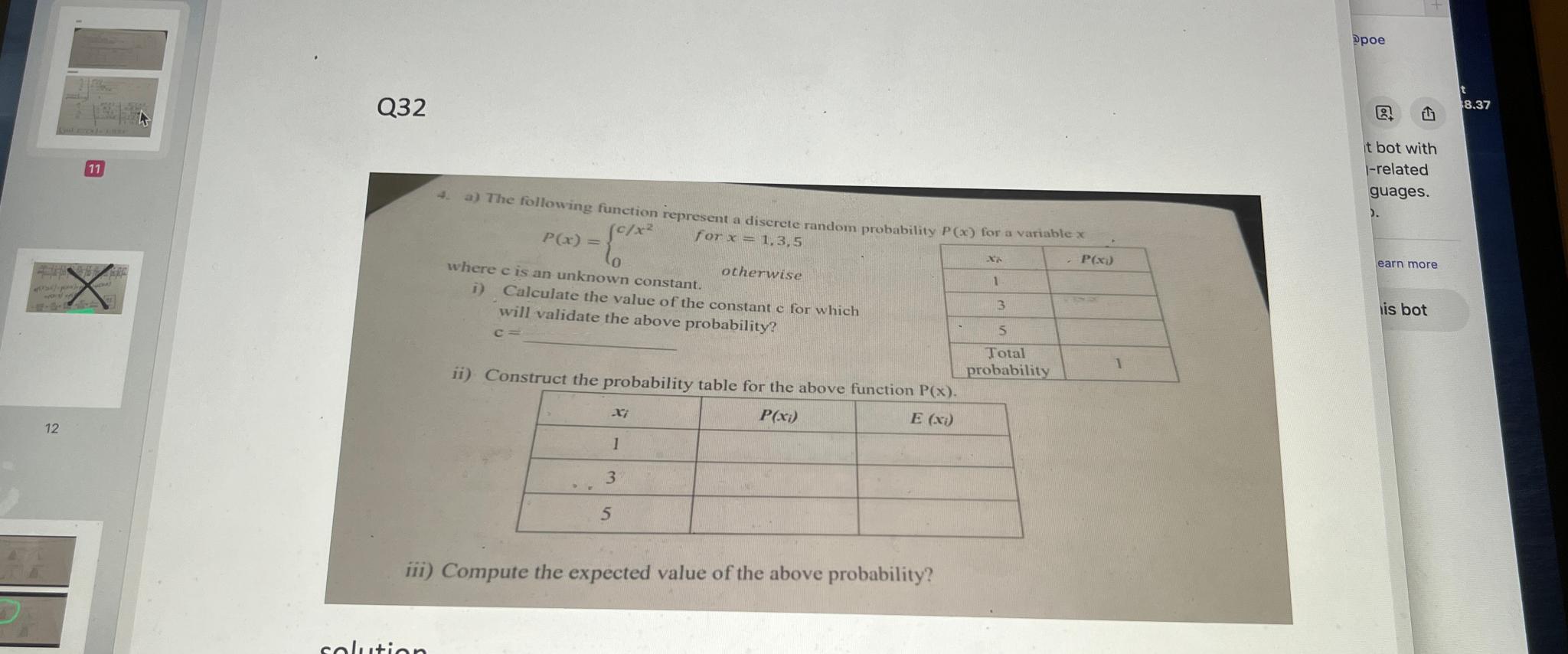 Solved Q32P(x)={cx2 for x=1,3,50 otherwise where c ﻿is an | Chegg.com