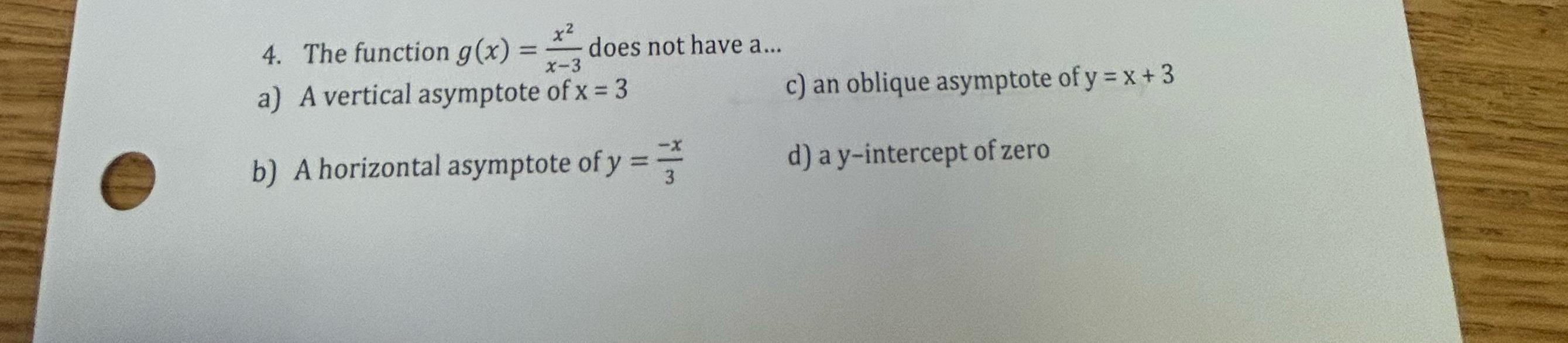 Solved The function g(x)=x2x-3 ﻿does not have a...a) ﻿A | Chegg.com