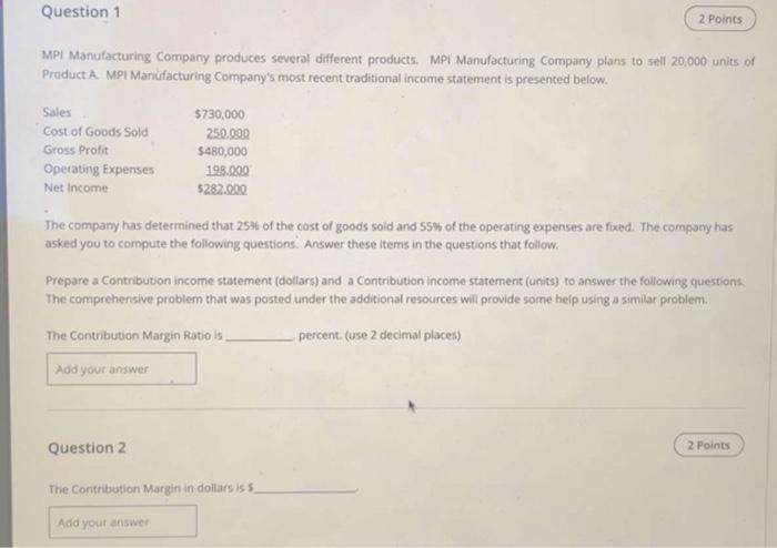 Solved MPI Manufacturing Company produces several different | Chegg.com