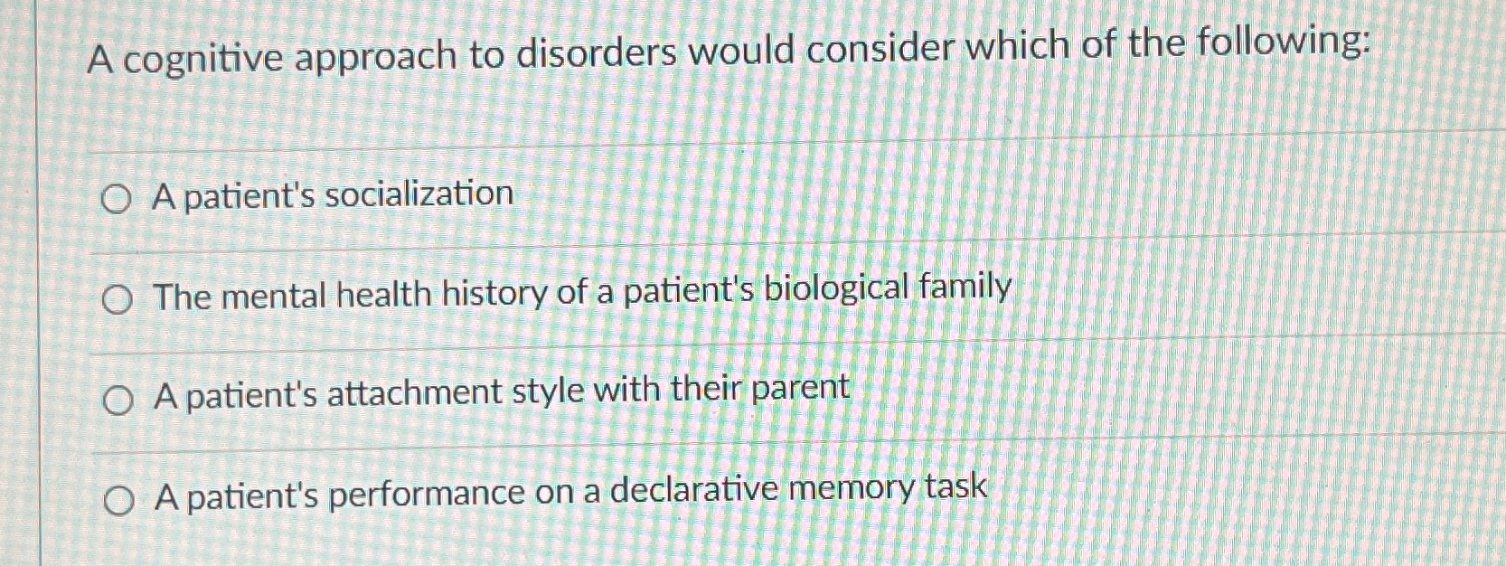 Solved A cognitive approach to disorders would consider | Chegg.com
