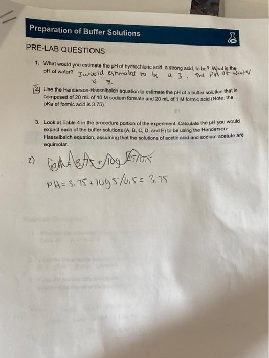 Preparation of Buffer Solutions PRE-LAB QUESTIONS 1. | Chegg.com