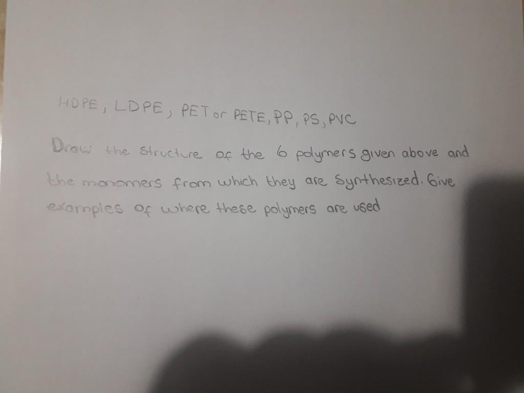 Solved HOPE, LDPE, PET or PETE, PP, PS, PVC Drow the | Chegg.com