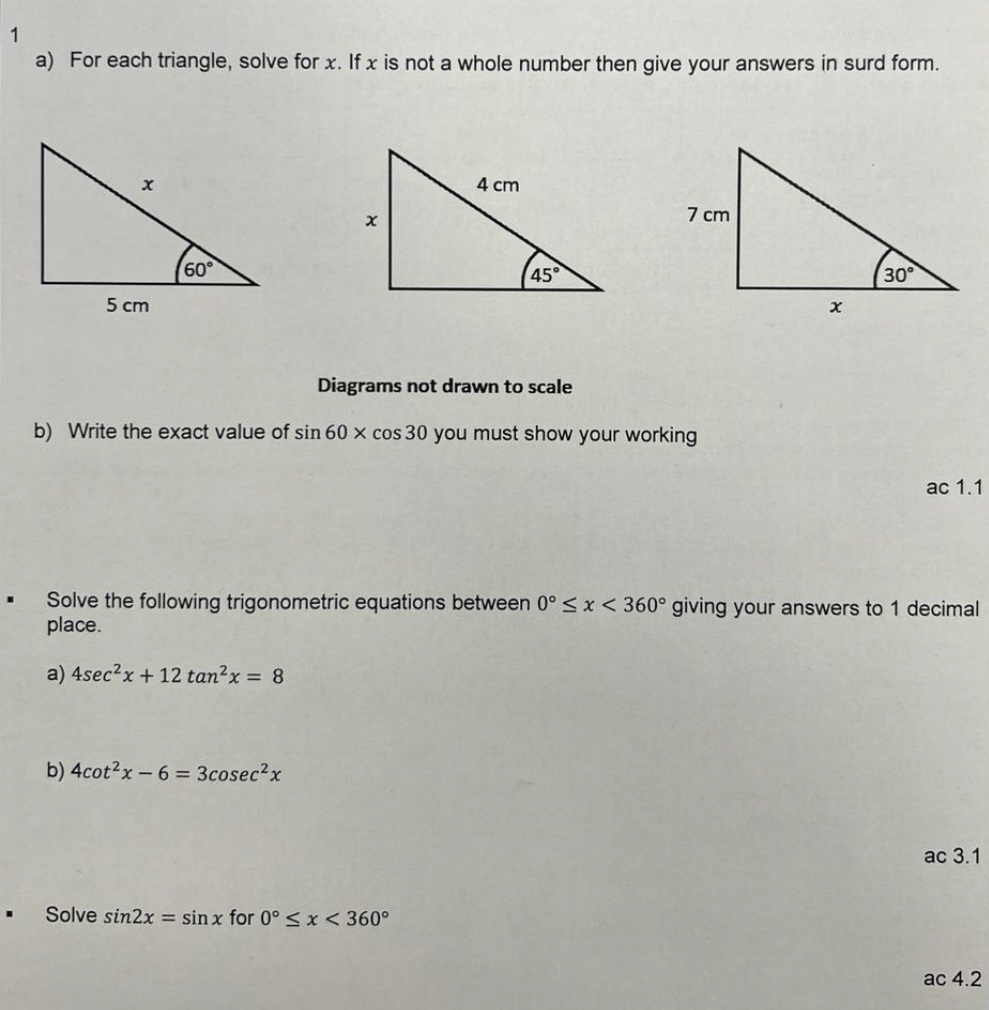 Solved 1a) ﻿For each triangle, solve for x. ﻿If x ﻿is not a | Chegg.com