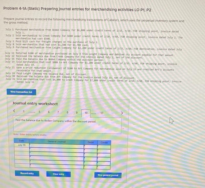 Solved Problem 4-1A (Static) Preparing Journal entries for | Chegg.com
