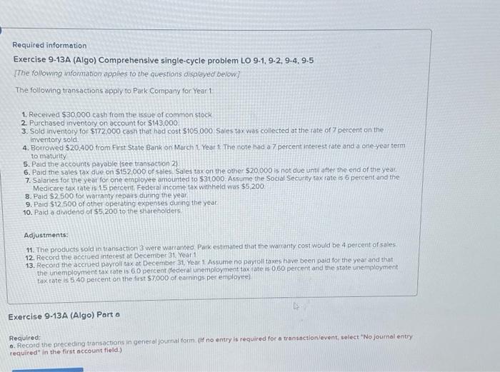 Solved Required information Exercise 9-13A (Algo) | Chegg.com