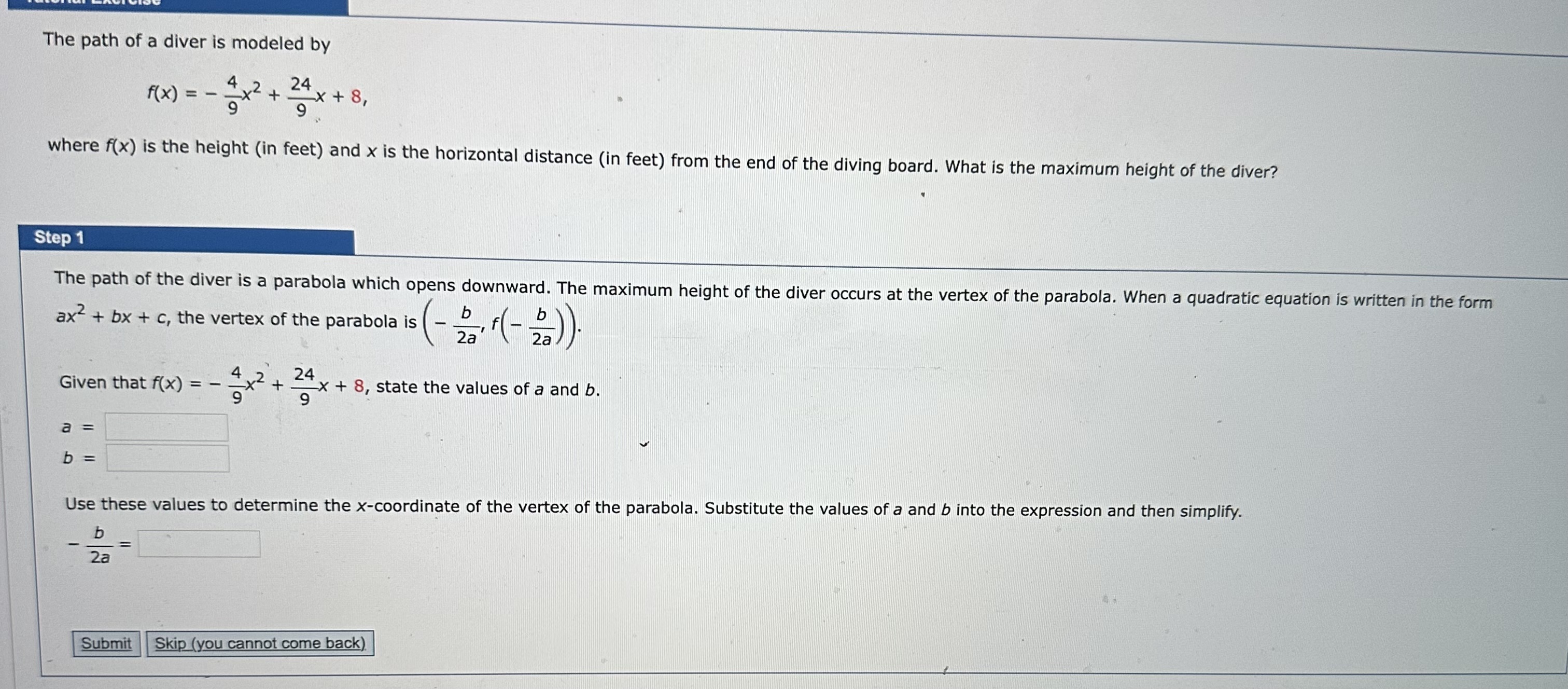 Solved The path of a diver is modeled | Chegg.com