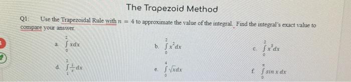 Solved Q1: Use the Trapezoidal Rule with n=4 to approximate | Chegg.com